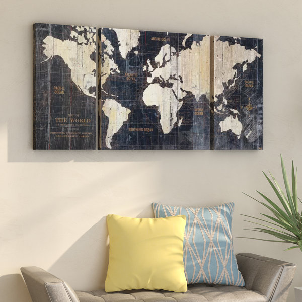 3 Piece World Map Wall Art - Map Of Rose Bowl