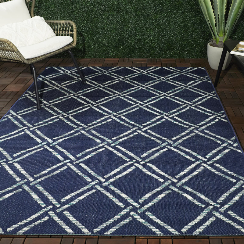 Breakwater Bay Mcwilliams Geometric Navy Blue Indoor/Outdoor Area Rug ...