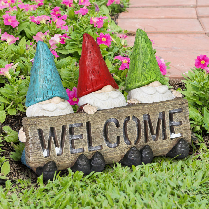 Trinx Welcome Sign Held by Three Garden Gnomes Garden Sign | Wayfair.ca
